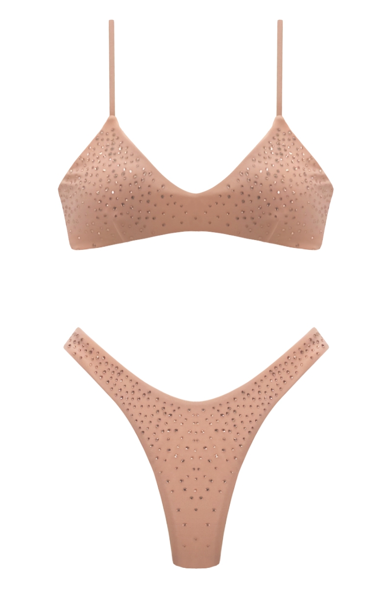 Bikini LUNA GLOW top in lycra effetto seta con strass e slip rotondo brasiliana