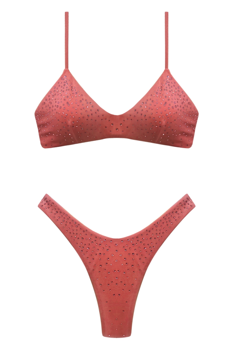 Bikini LUNA GLOW top in lycra effetto seta con strass e slip rotondo brasiliana